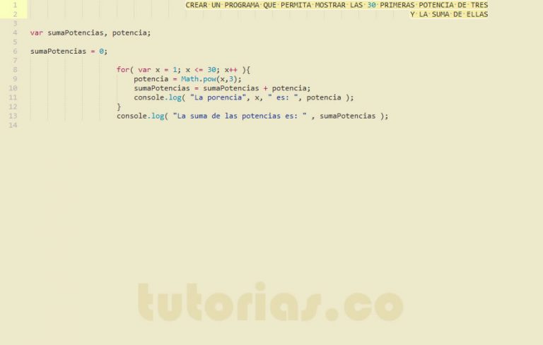 ciclo for + javascript (suma de potencias de tres) | Tutorias.co
