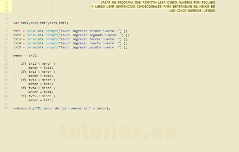 sentencia if-else + javascript (el menor de cinco numeros) | Tutorias.co sentencia if-else + javascript (el menor de cinco numeros) | Tutorias.co