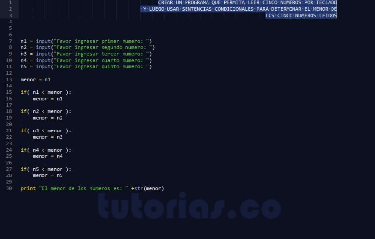 sentencia if-else – python (el menor de cinco numeros) | Tutorias.co sentencia if-else – python (el menor de cinco numeros) | Tutorias.co
